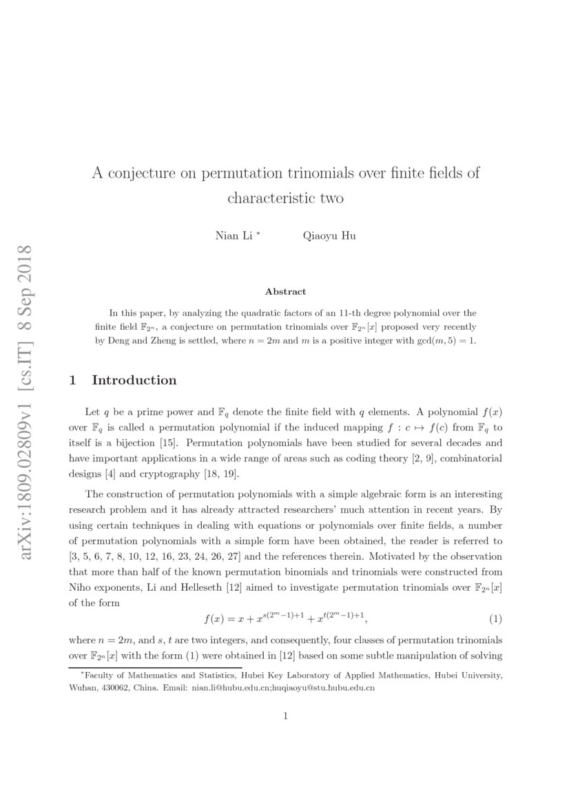 A Conjecture On Permutation Trinomials Over Finite Fields Of Characteristic Two Deepai