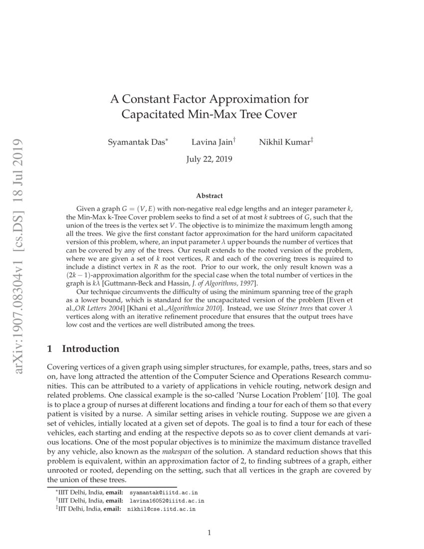 A Constant Factor Approximation For Capacitated Min Max Tree Cover Deepai