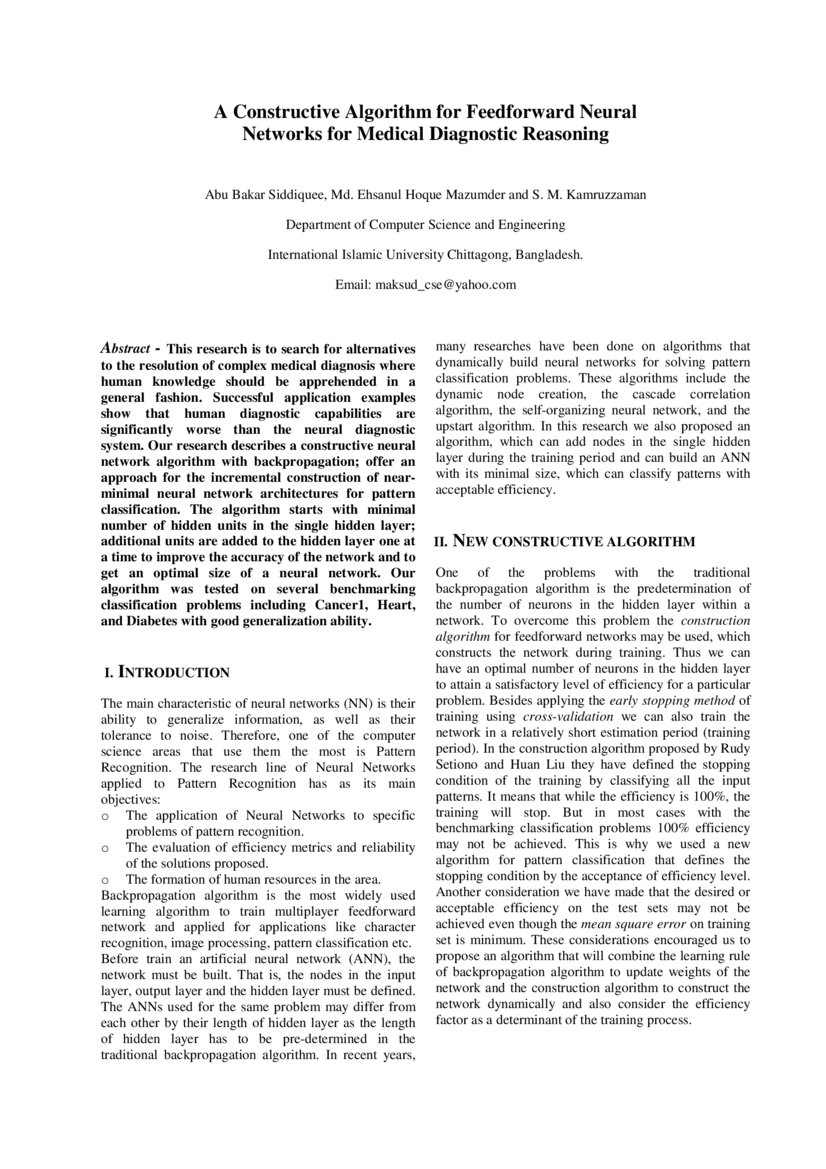 A Constructive Algorithm for Feedforward Neural Networks for Medical Diagnostic Reasoning | DeepAI