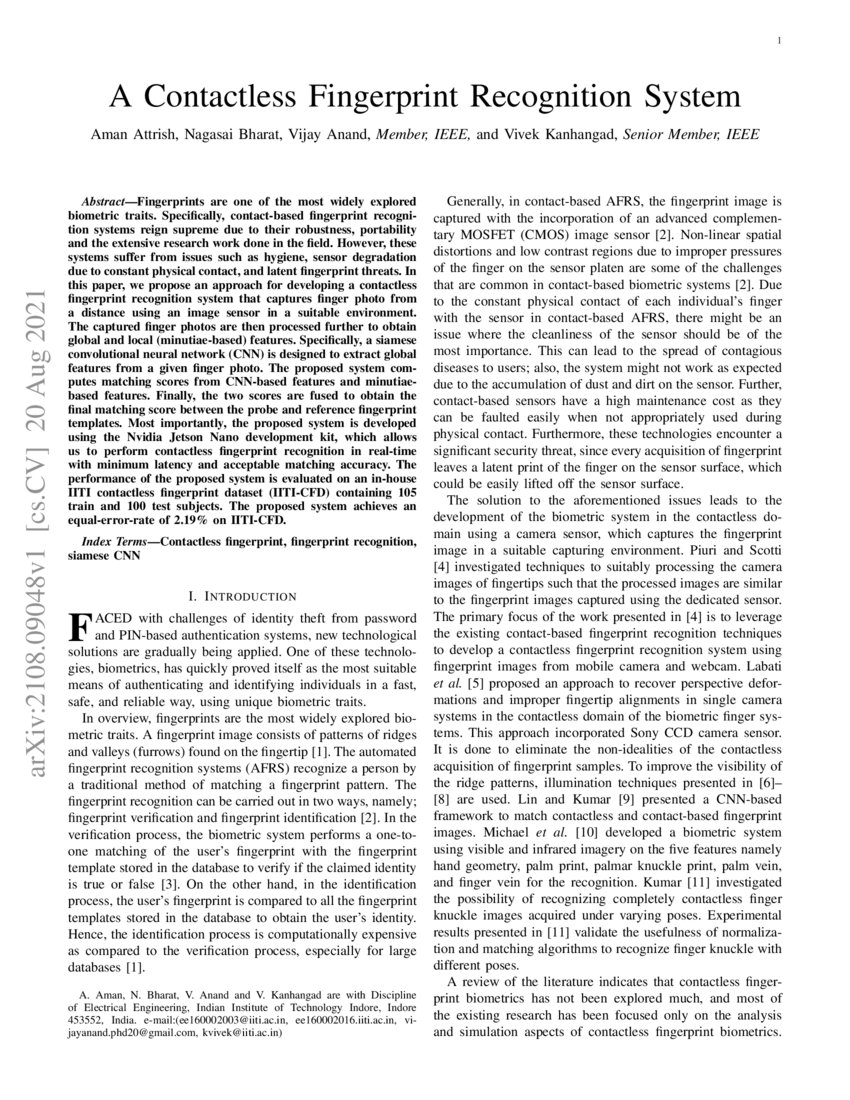 A Contactless Fingerprint Recognition System | DeepAI