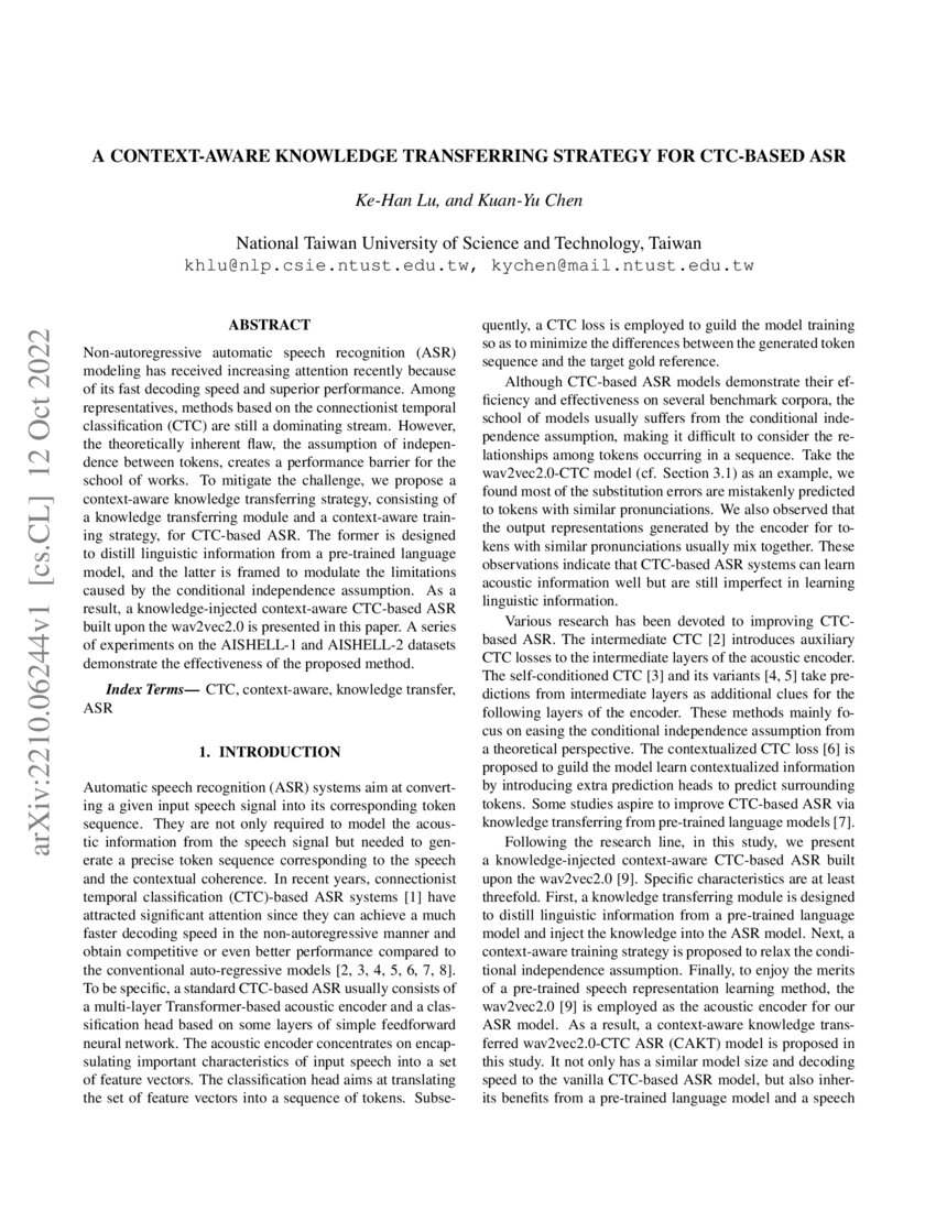 A Context Aware Knowledge Transferring Strategy For Ctc Based Asr Deepai