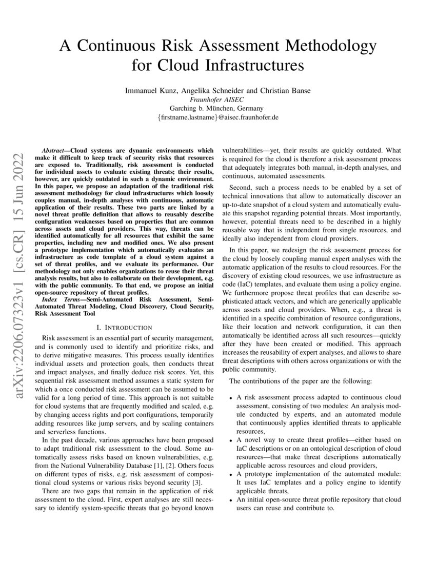 A Continuous Risk Assessment Methodology for Cloud Infrastructures | DeepAI