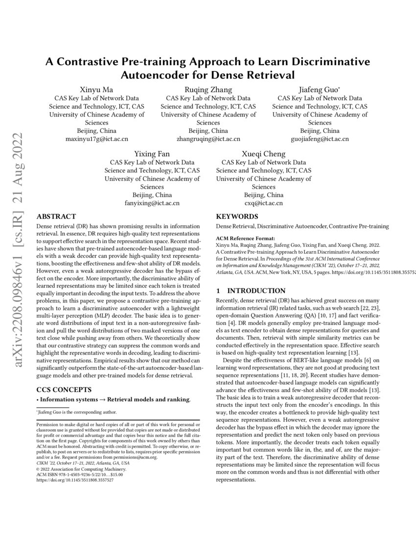 A Contrastive Pre Training Approach To Learn Discriminative Autoencoder For Dense Retrieval Deepai