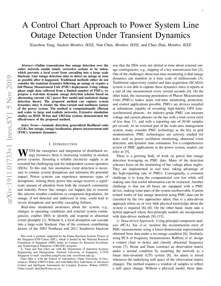 A Control Chart Approach to Power System Line Outage Detection Under Transient Dynamics | DeepAI