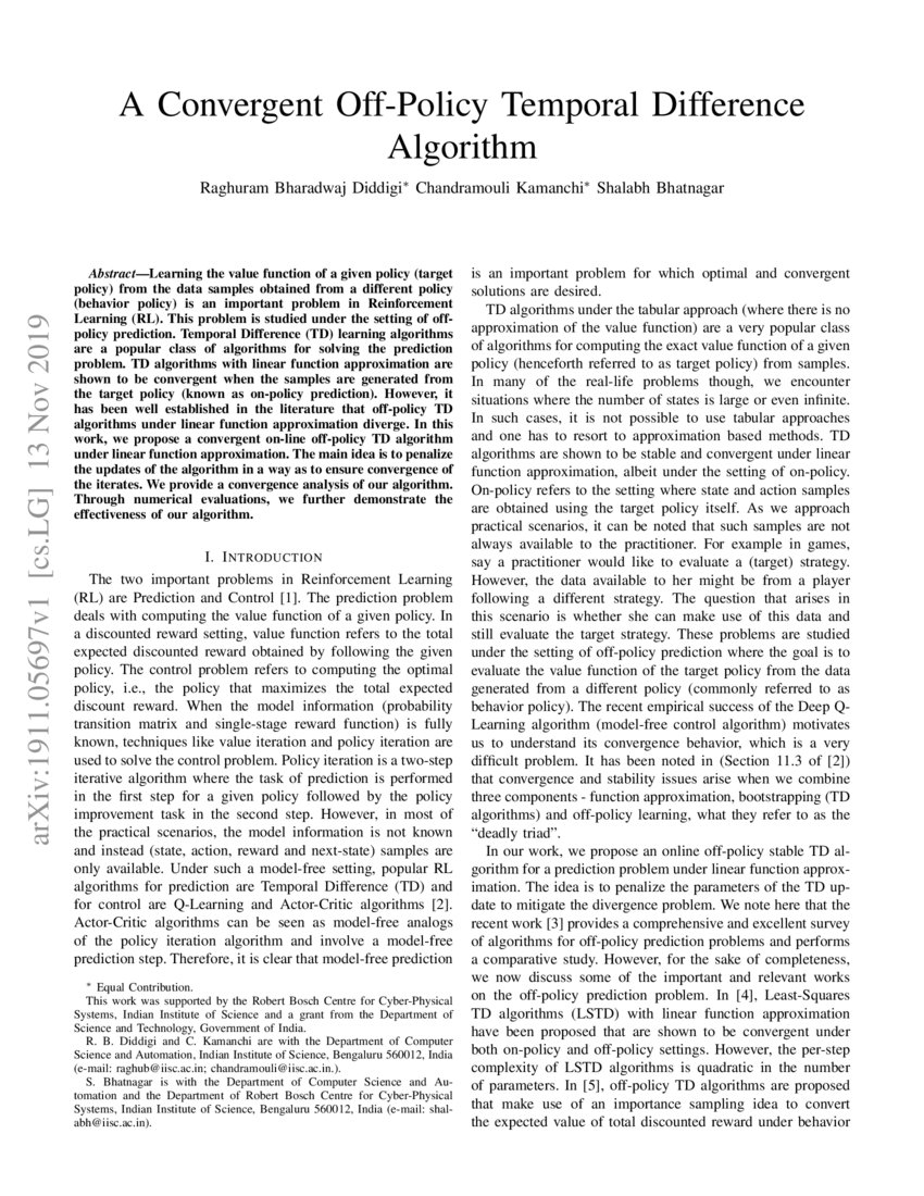 A Convergent Off-Policy Temporal Difference Algorithm | DeepAI