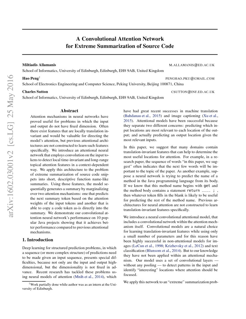 A Convolutional Attention Network For Extreme Summarization Of Source Code Deepai