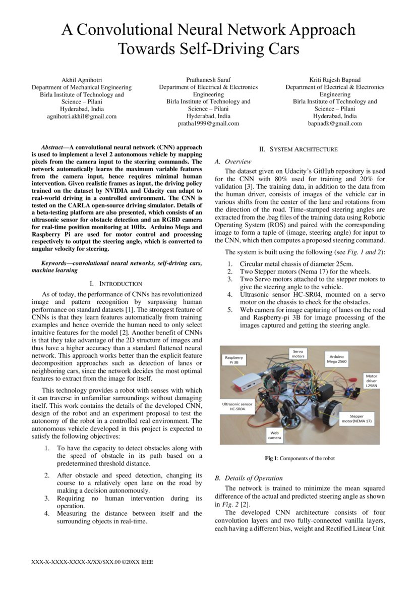 A Convolutional Neural Network Approach Towards Self Driving Cars Deepai