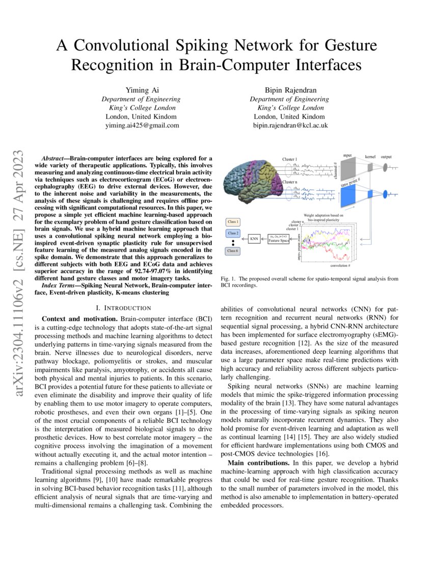 A Convolutional Spiking Network For Gesture Recognition In Brain Computer Interfaces Deepai