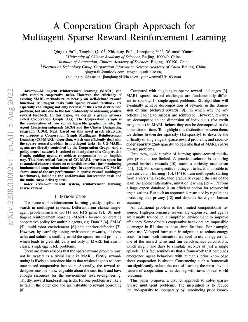 A Cooperation Graph Approach for Multiagent Sparse Reward Reinforcement Learning | DeepAI