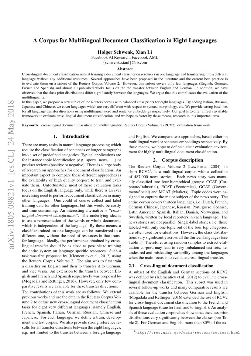 A Corpus for Multilingual Document Classification in Eight Languages ...