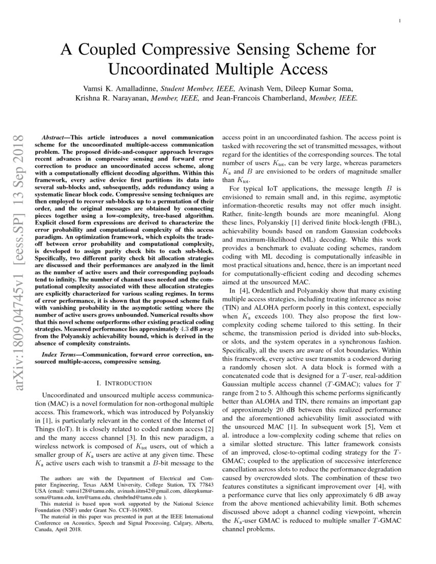 A Coupled Compressive Sensing Scheme for Uncoordinated Multiple Access | DeepAI