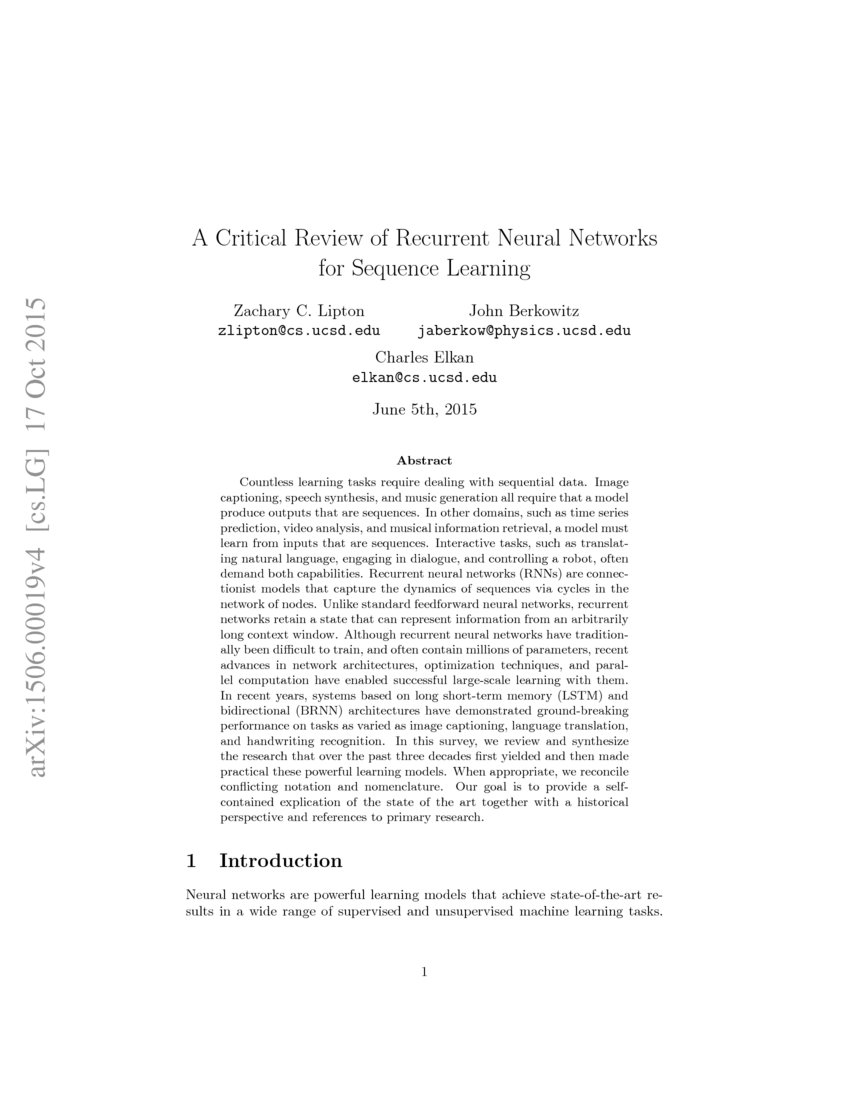 A Critical Review of Recurrent Neural Networks for Sequence Learning | DeepAI