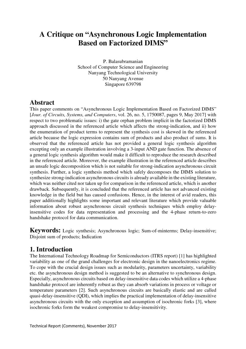 A Critique on "Asynchronous Logic Implementation Based on Factorized DIMS" | DeepAI