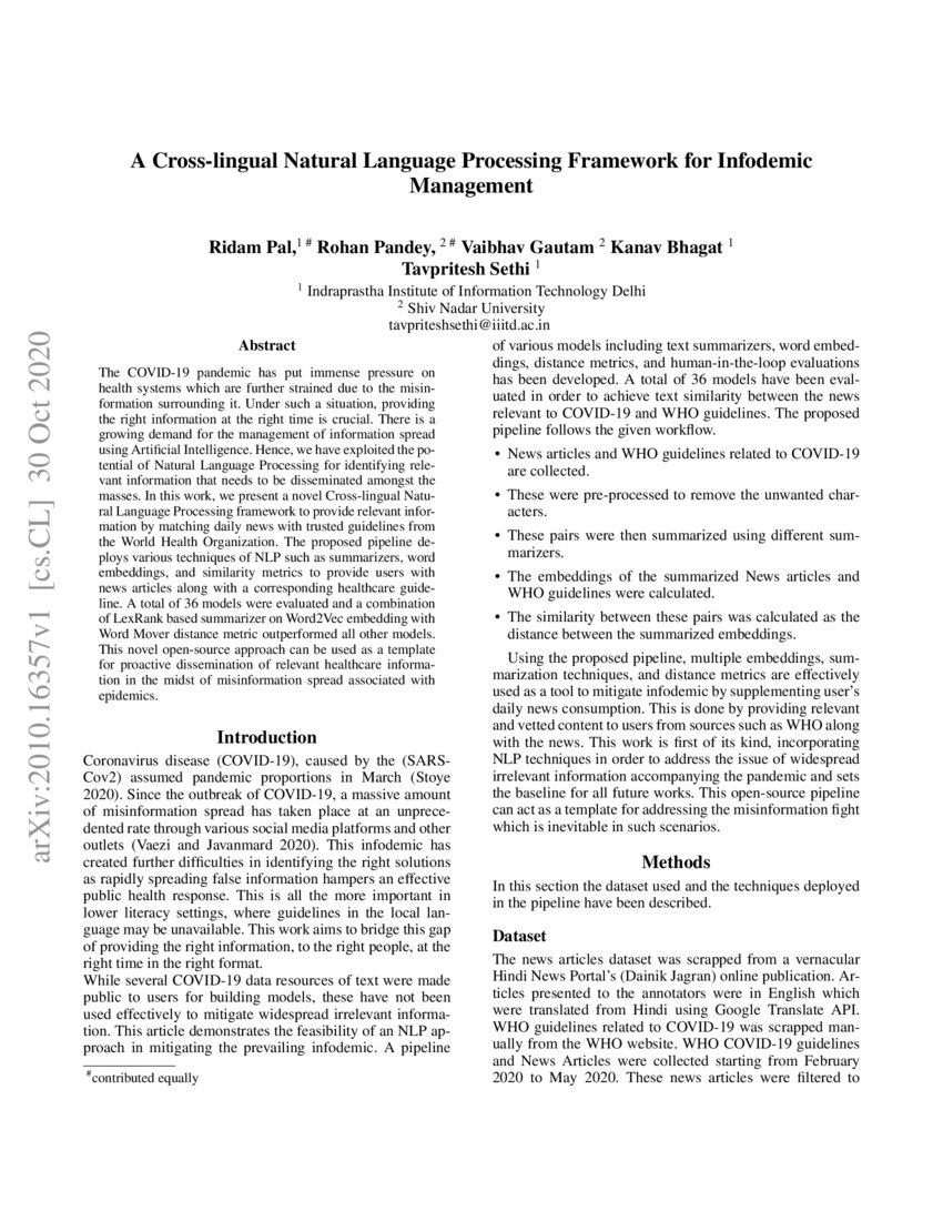 A Cross-lingual Natural Language Processing Framework for Infodemic Management | DeepAI