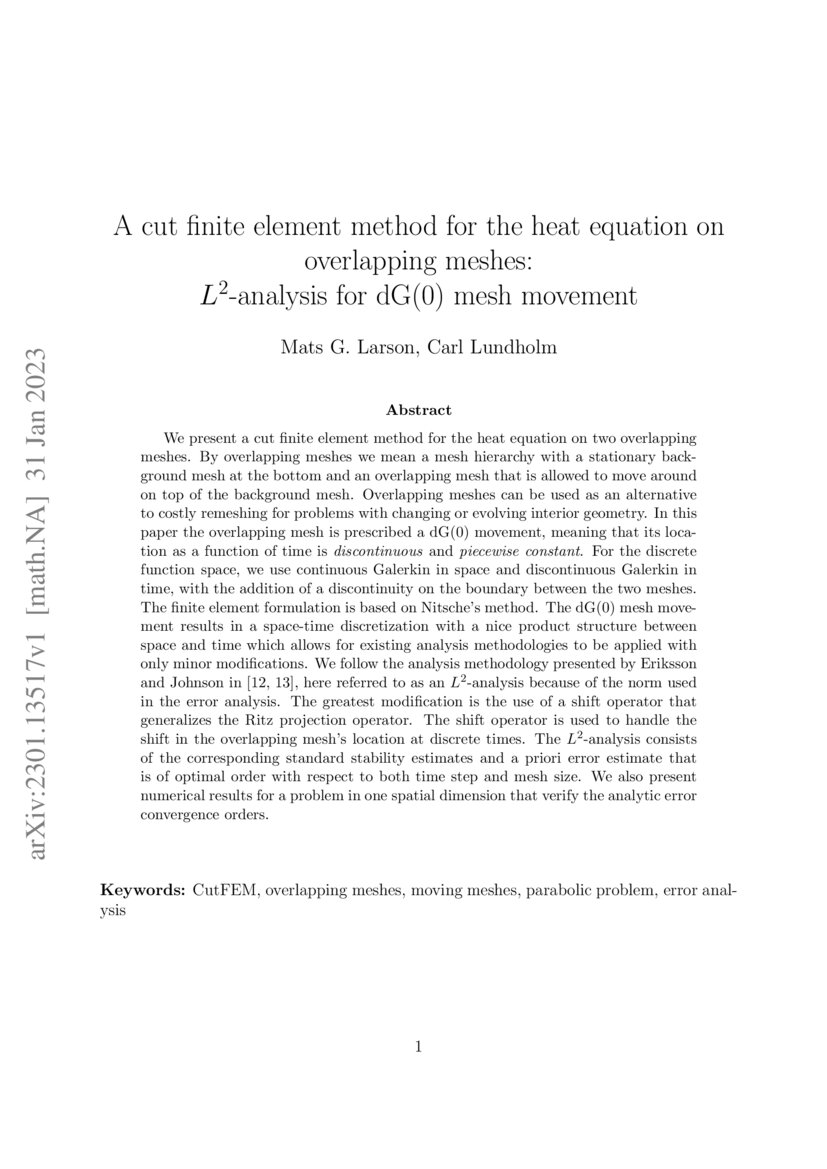 A Cut Finite Element Method For The Heat Equation On Overlapping Meshes L2 Analysis For Dg0