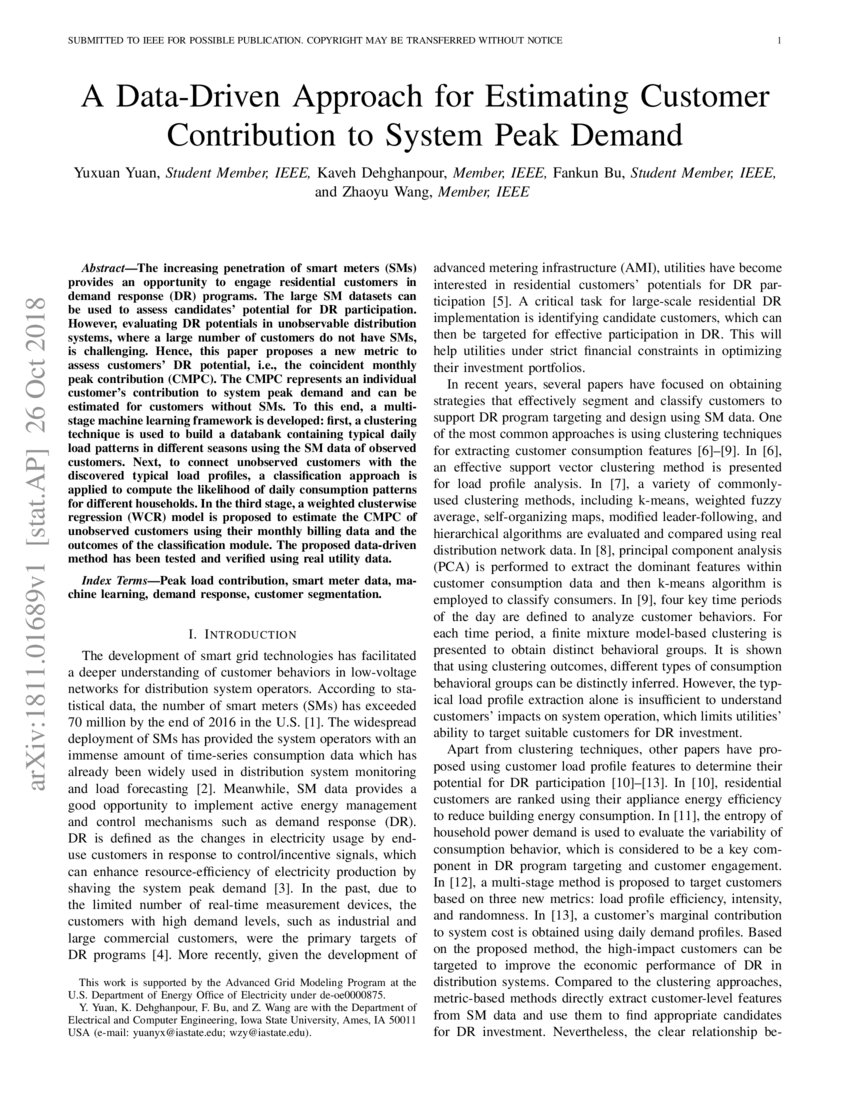 A Data Driven Approach For Estimating Customer Contribution To System Peak Demand Deepai