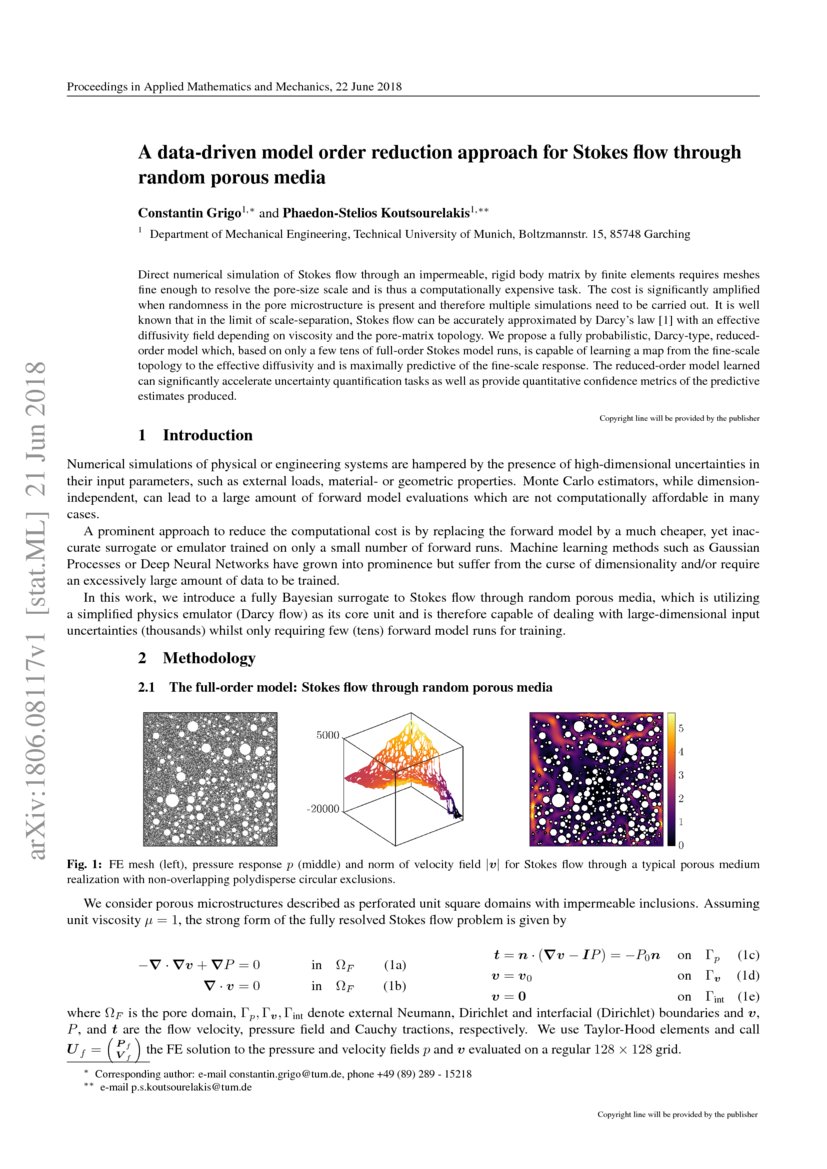 A Data Driven Model Order Reduction Approach For Stokes Flow Through Random Porous Media Deepai