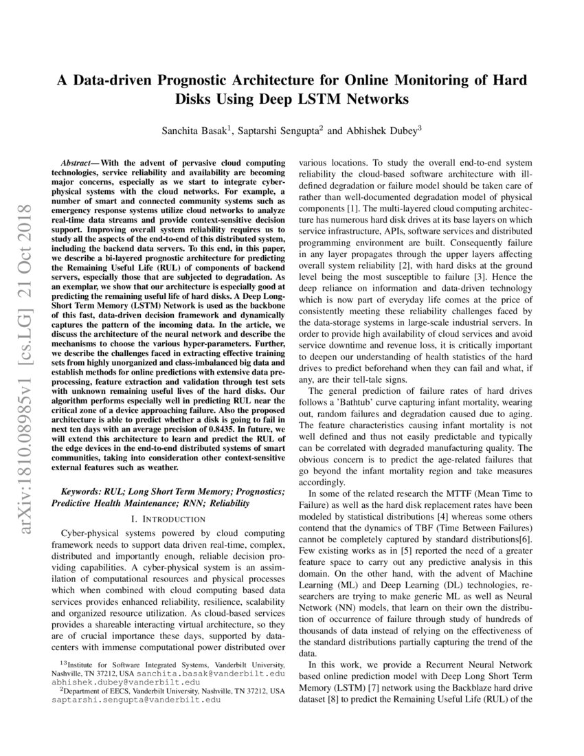 A Data Driven Prognostic Architecture For Online Monitoring Of Hard Disks Using Deep Lstm