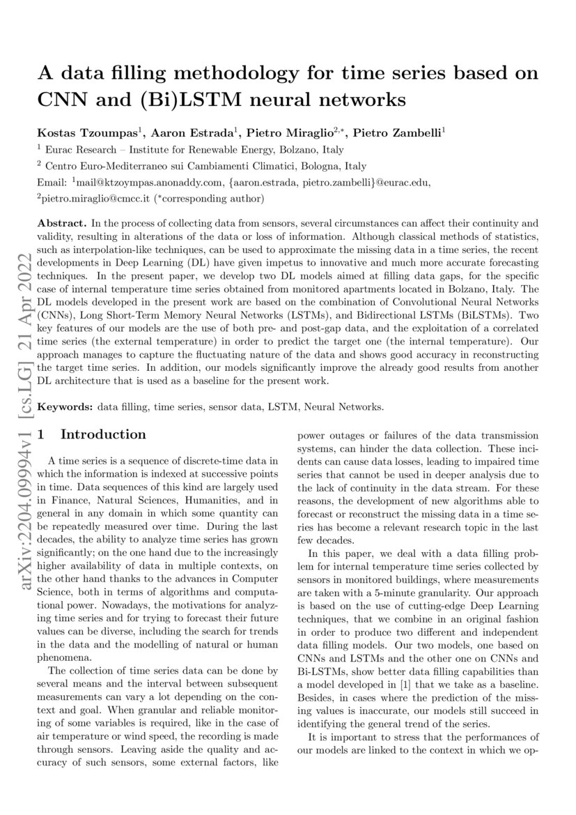 A data filling methodology for time series based on CNN and (Bi)LSTM neural networks | DeepAI