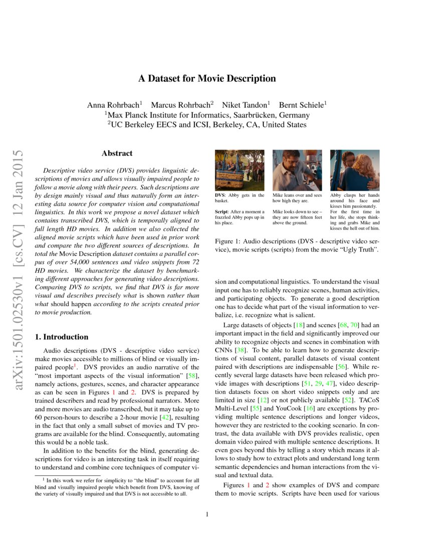 A Dataset for Movie Description | DeepAI