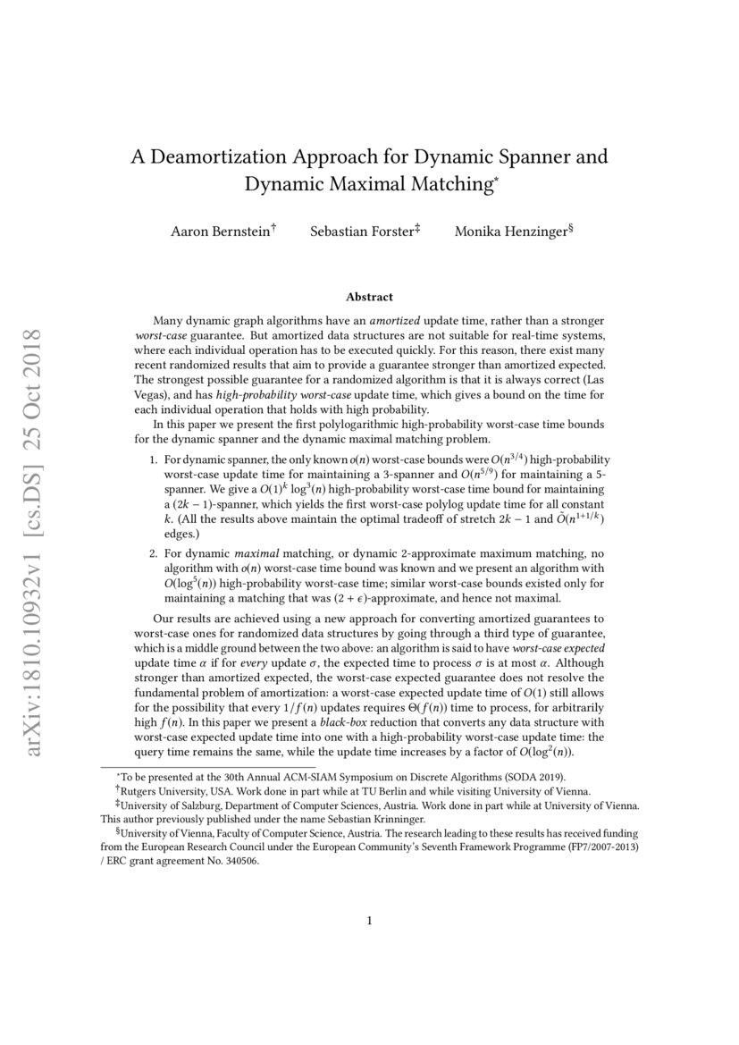 A Deamortization Approach for Dynamic Spanner and Dynamic Maximal Matching | DeepAI