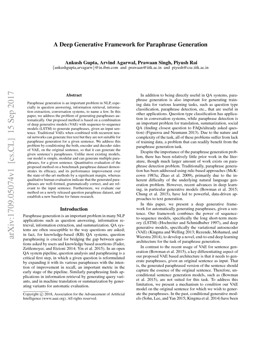 A Deep Generative Framework for Paraphrase Generation | DeepAI