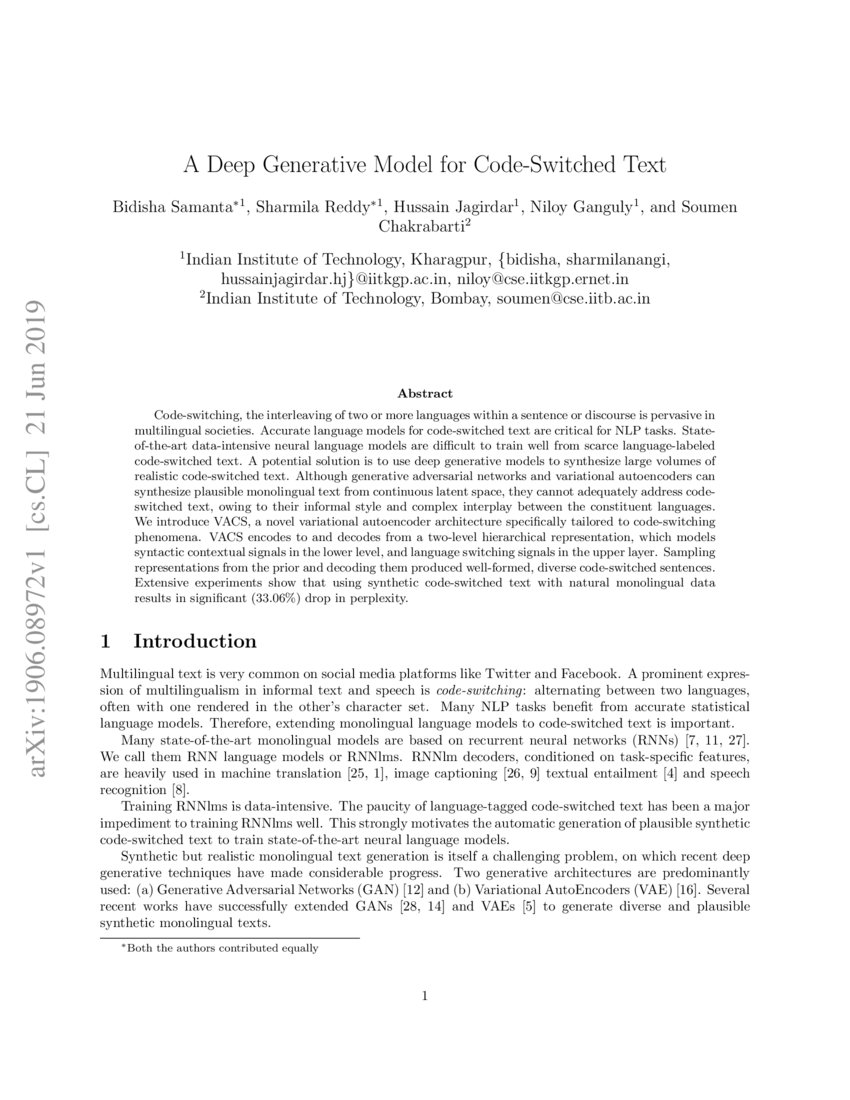 A Deep Generative Model for Code-Switched Text | DeepAI
