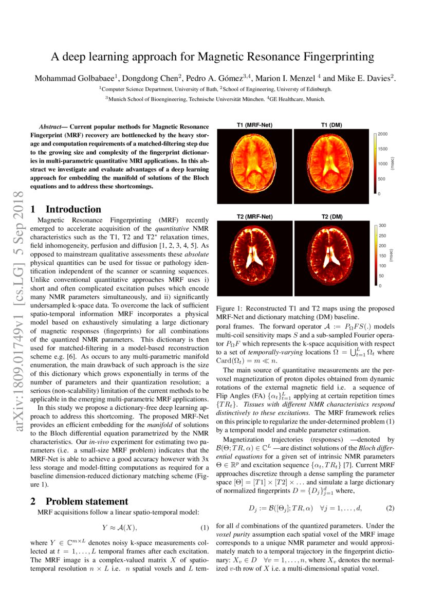 A deep learning approach for Magnetic Resonance Fingerprinting | DeepAI