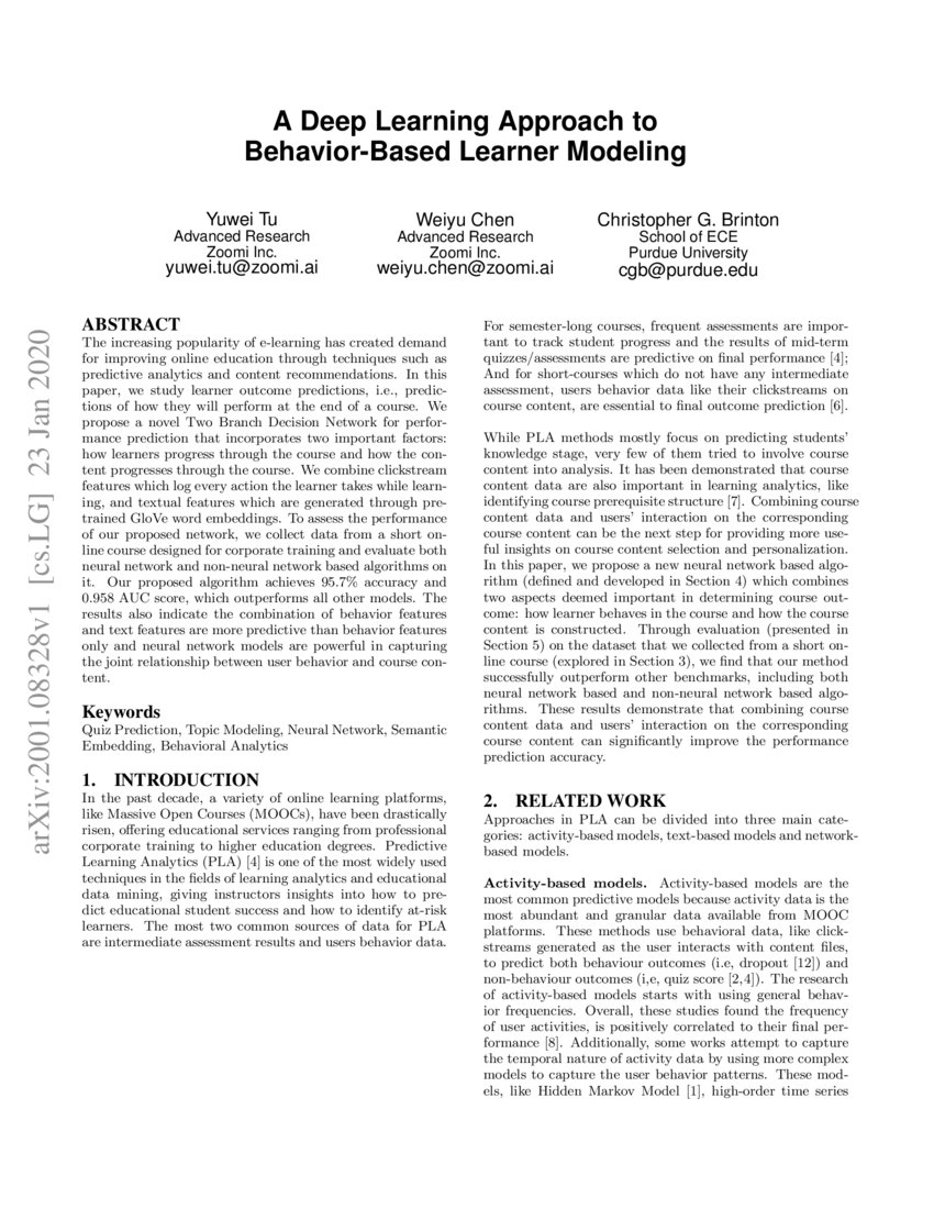 A Deep Learning Approach to Behavior-Based Learner Modeling | DeepAI