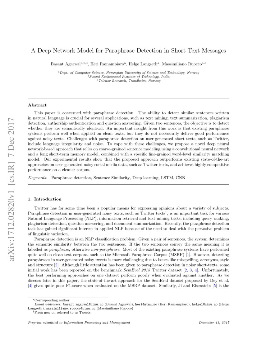 A Deep Network Model For Paraphrase Detection In Short Text Messages Deepai