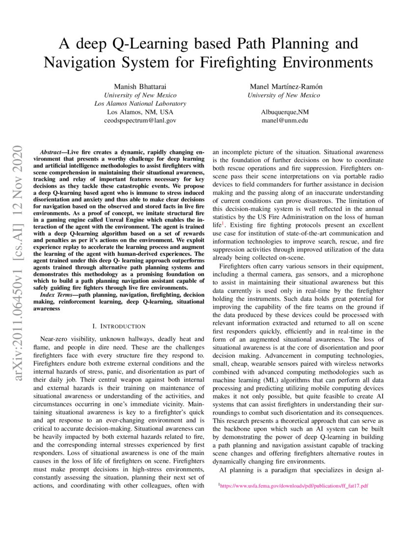 A Deep Q Learning Based Path Planning And Navigation System For Firefighting Environments Deepai