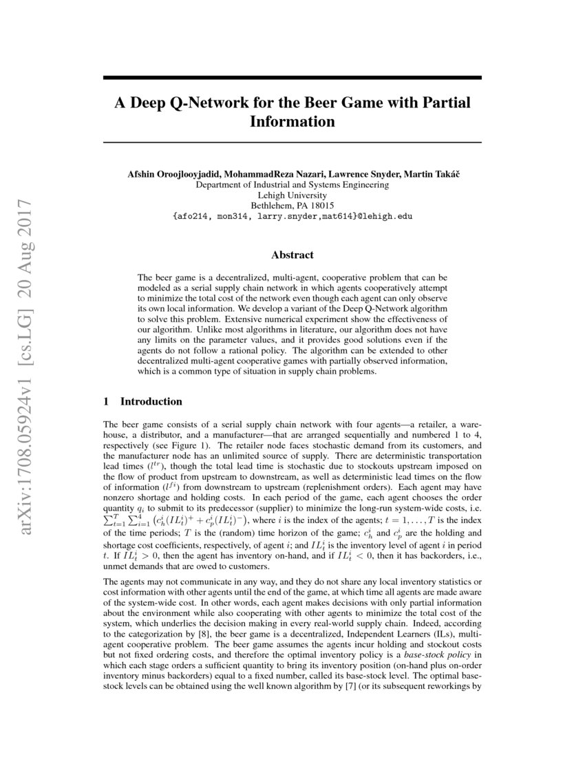 A Deep Q-Network for the Beer Game: A Reinforcement Learning algorithm to Solve Inventory ...