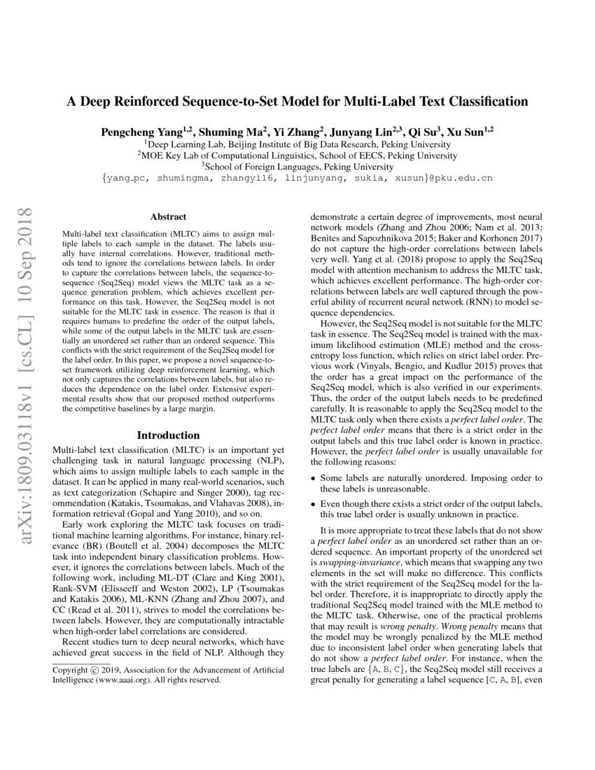 A Deep Reinforced Sequence To Set Model For Multi Label Text
