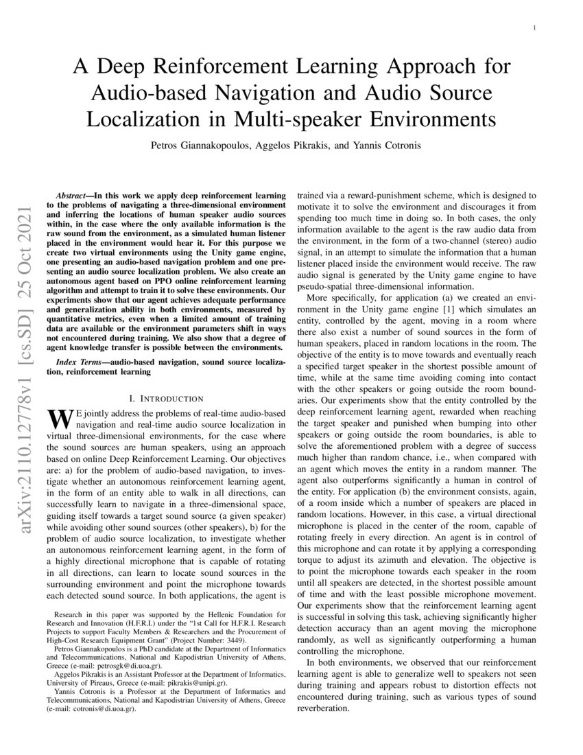 A Deep Reinforcement Learning Approach for Audio-based Navigation and ...