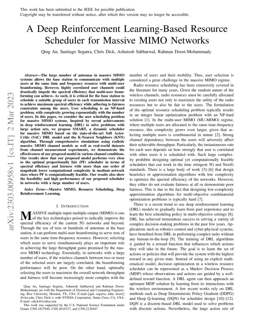 A Deep Reinforcement Learning Based Resource Scheduler For Massive Mimo Networks Deepai