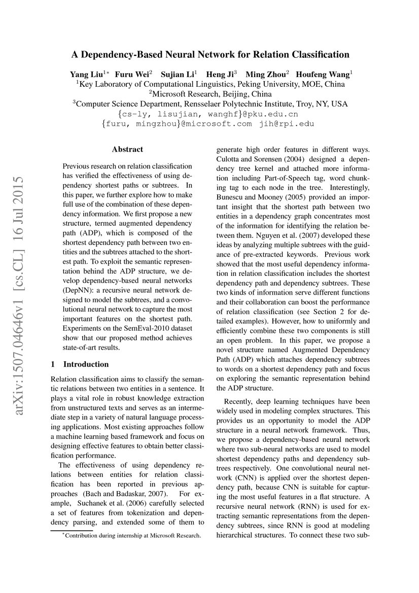 A Dependency Based Neural Network For Relation Classification Deepai