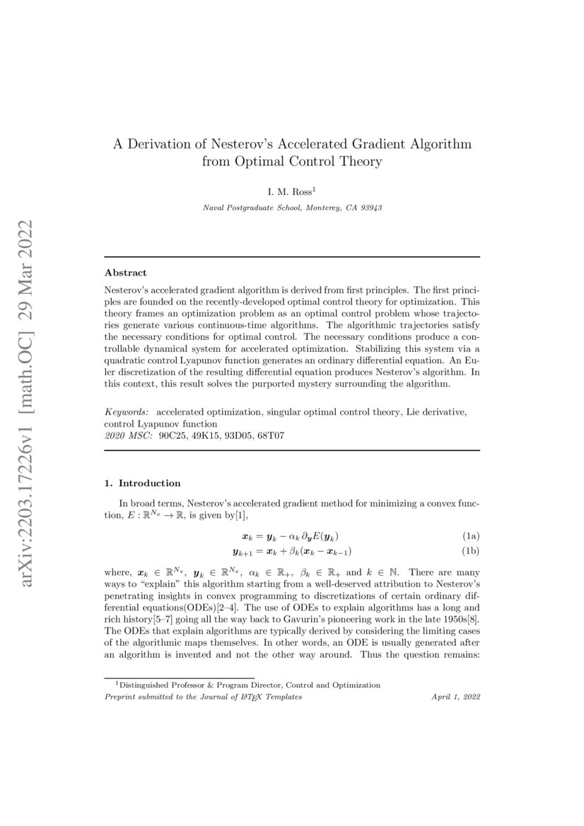 A Derivation of Nesterov's Accelerated Gradient Algorithm from Optimal Control Theory | DeepAI