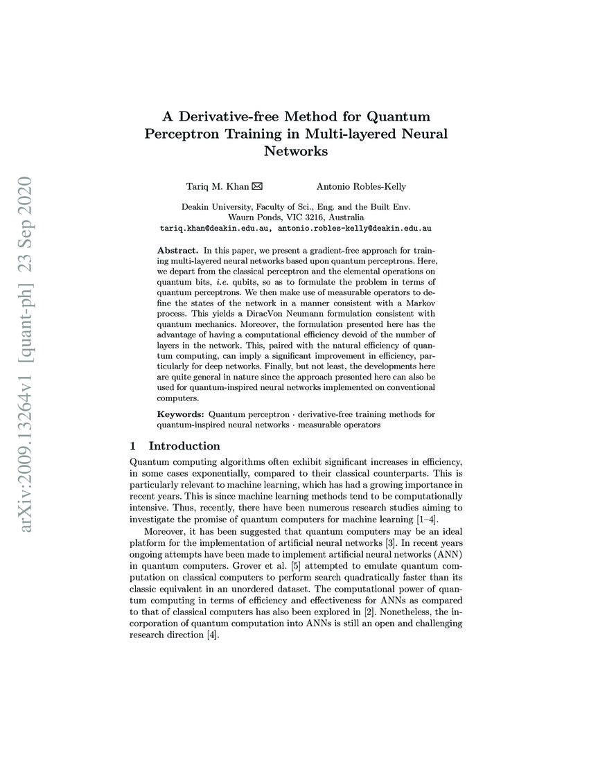 A Derivative-free Method for Quantum Perceptron Training in Multi-layered Neural Networks | DeepAI