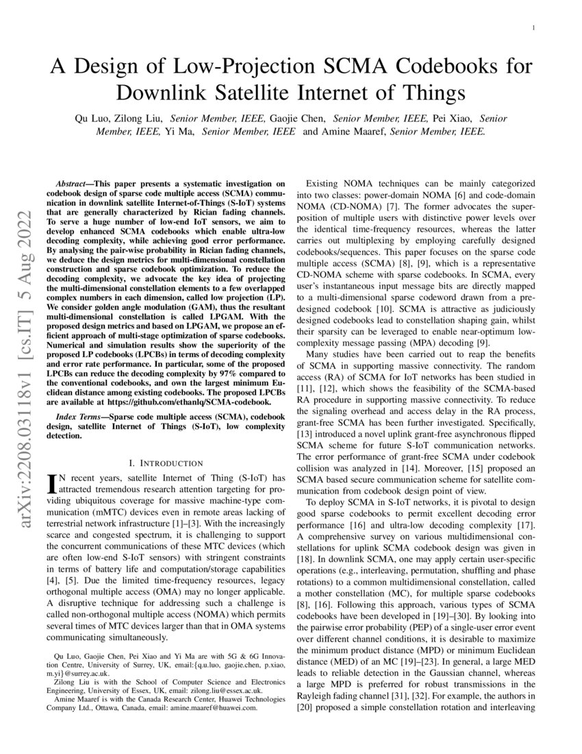 A Design of Low-Projection SCMA Codebooks for Downlink Satellite Internet of Things | DeepAI