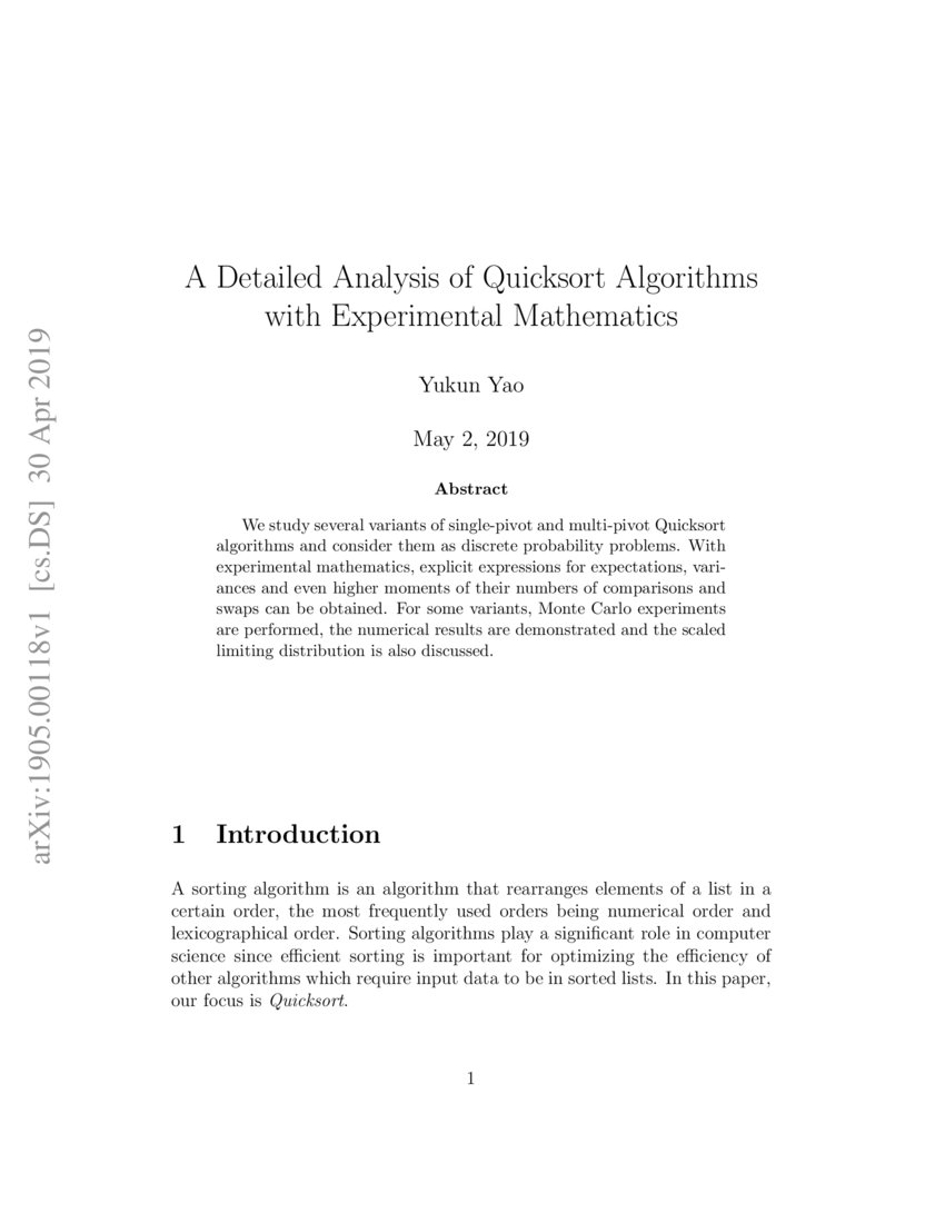 A Detailed Analysis Of Quicksort Algorithms With Experimental Mathematics Deepai