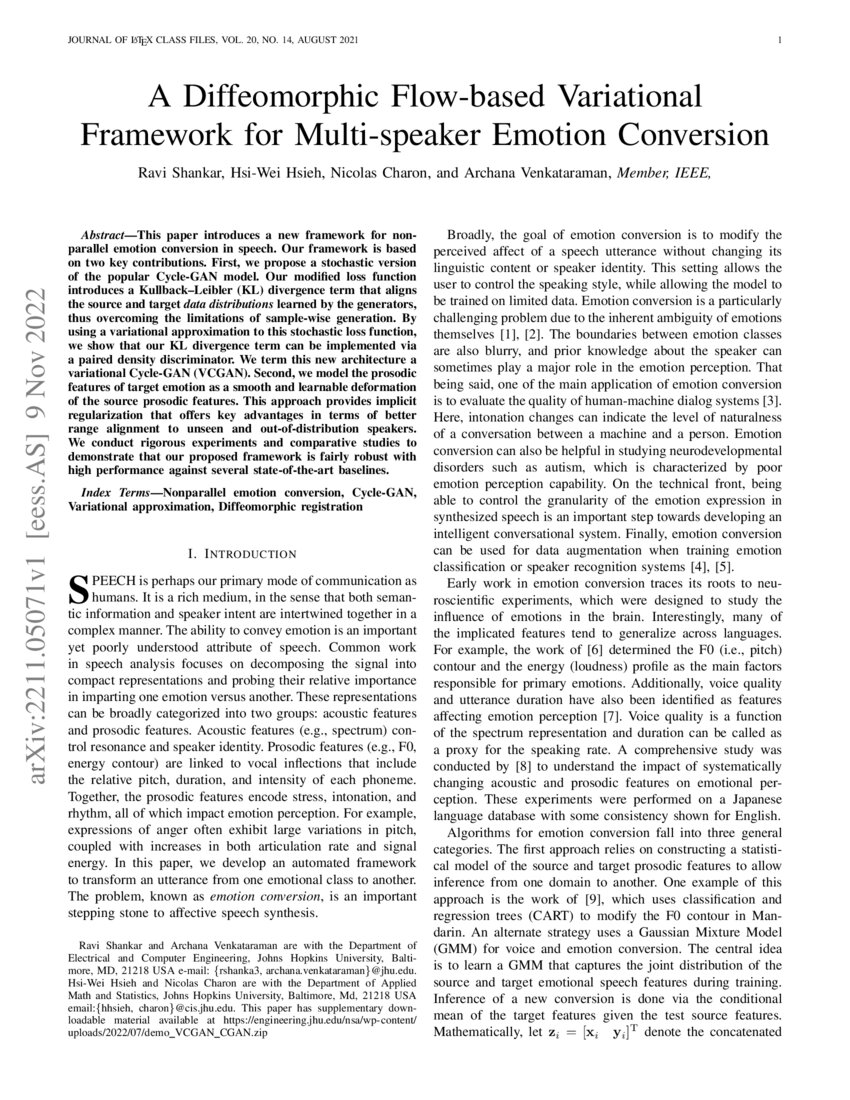 A Diffeomorphic Flow-based Variational Framework for Multi-speaker Emotion Conversion | DeepAI