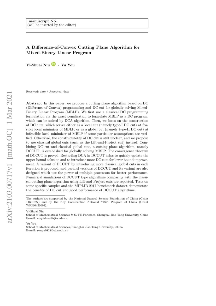 A Difference Of Convex Cutting Plane Algorithm For Mixed Binary Linear Program Deepai 7791