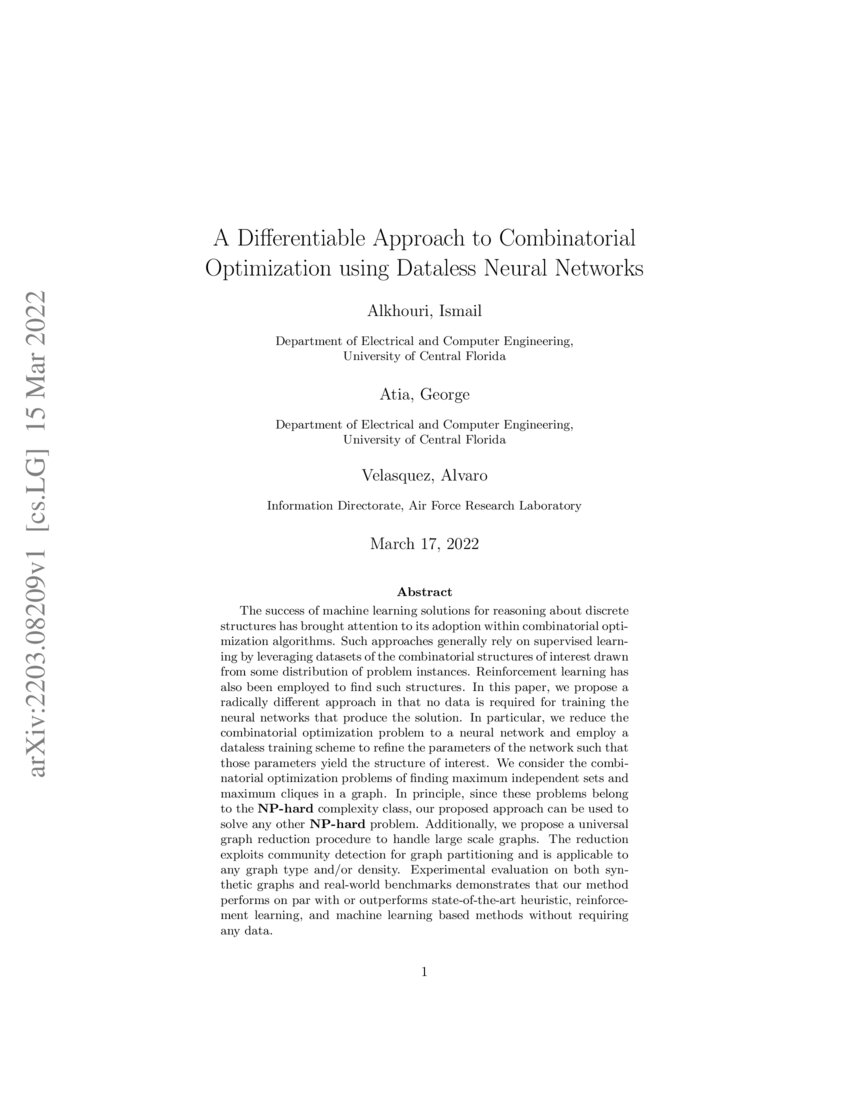 A Differentiable Approach To Combinatorial Optimization Using Dataless Neural Networks Deepai
