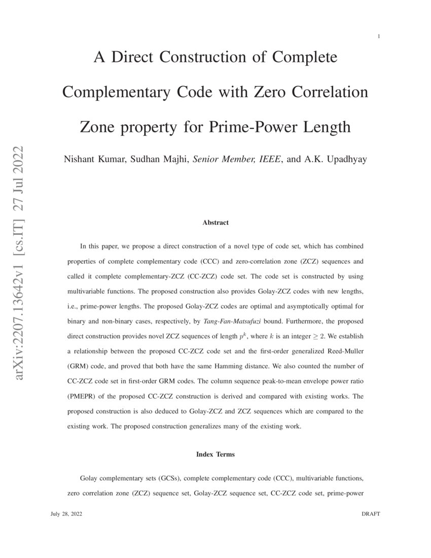 A Direct Construction Of Complete Complementary Code With Zero Correlation Zone Property For