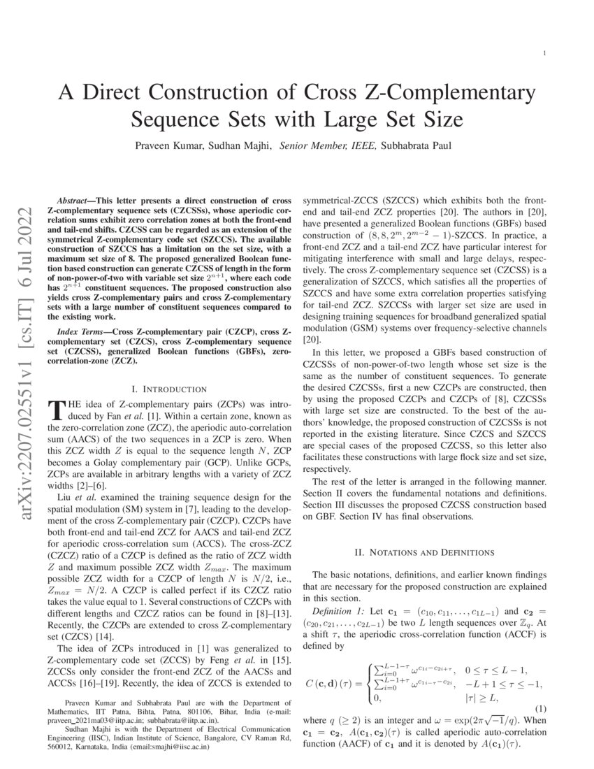 A Direct Construction Of Cross Z Complementary Sequence Sets With Large Set Size Deepai