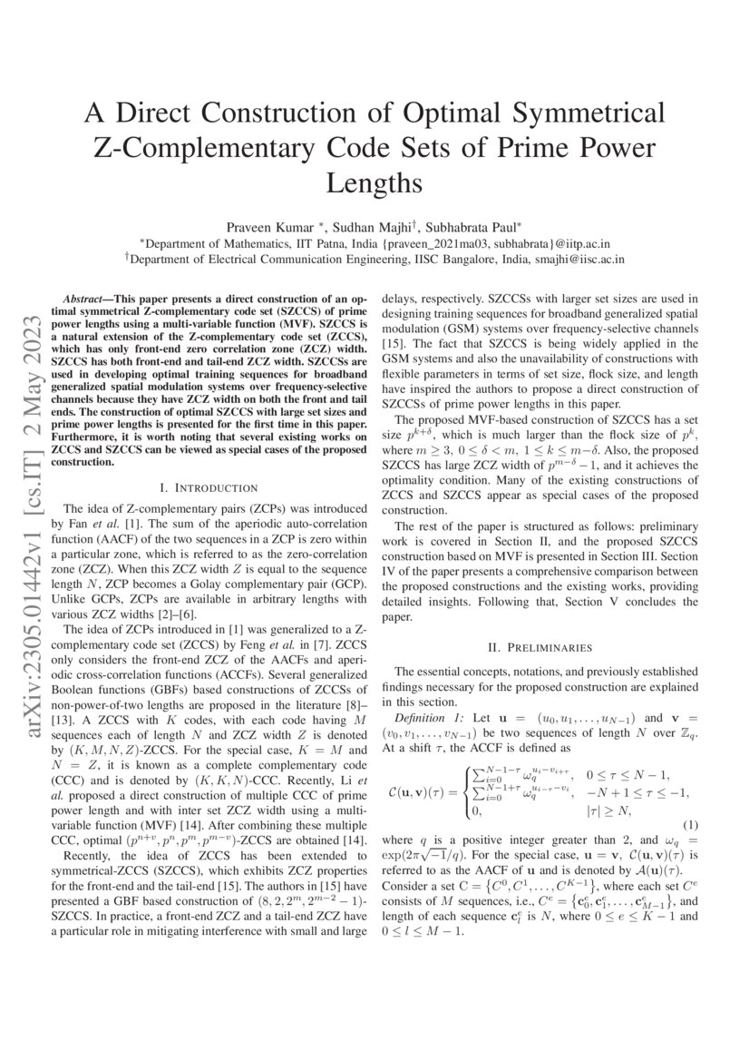 A Direct Construction of Optimal Symmetrical Z-Complementary Code Sets of Prime Power Lengths ...