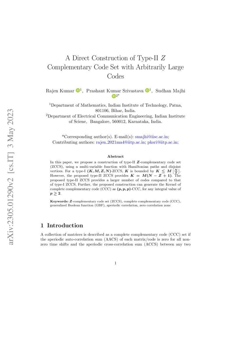 A Direct Construction Of Type Ii Z Complementary Code Set With Arbitrarily Large Codes Deepai