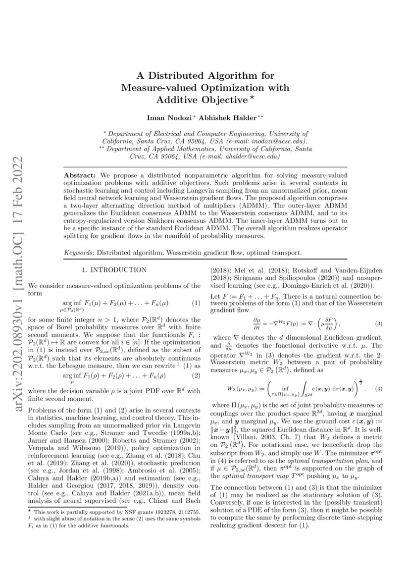 A Distributed Algorithm for Measure-valued Optimization with Additive ...