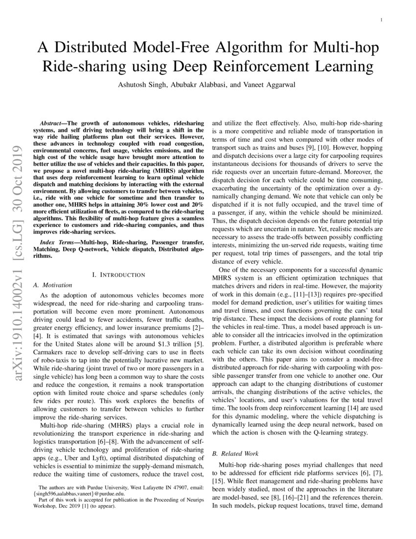 A Distributed Model Free Algorithm For Multi Hop Ride Sharing Using Deep Reinforcement Learning