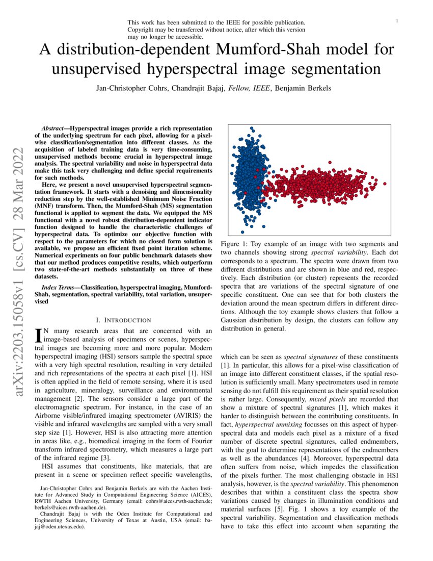 A distribution-dependent Mumford-Shah model for unsupervised hyperspectral image segmentation ...